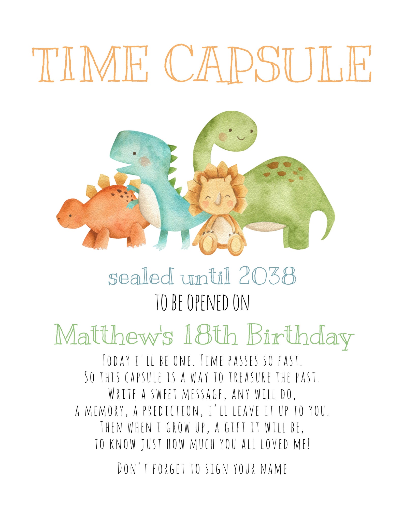 EDITABLE Dinosaurs Time Capsule Printable Time Capsule Sign - Etsy
