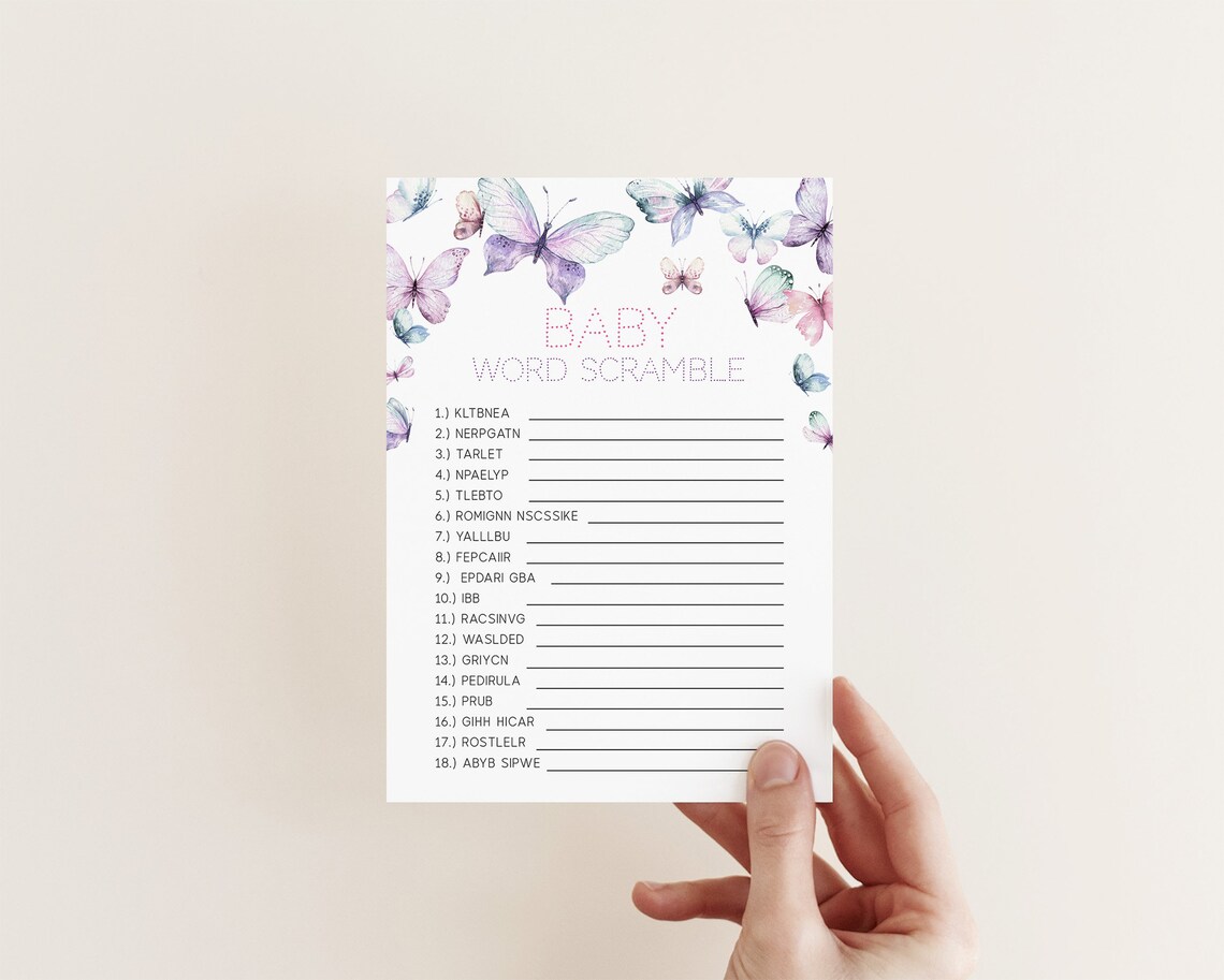 Butterfly Baby Shower Games Baby Word Scramble Animal | Etsy