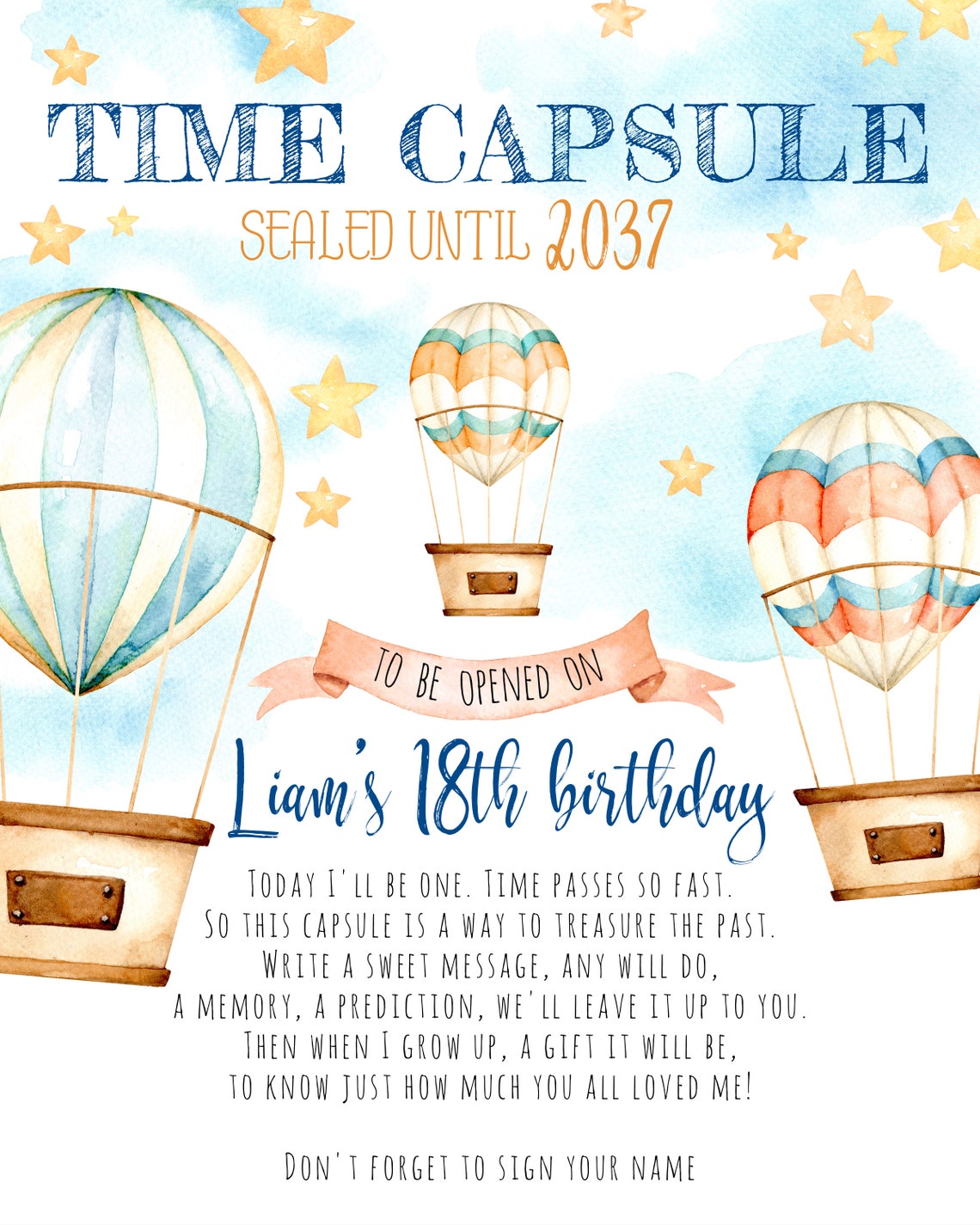 EDITABLE Hot Air Balloon Time Capsule Printable Time Capsule - Etsy