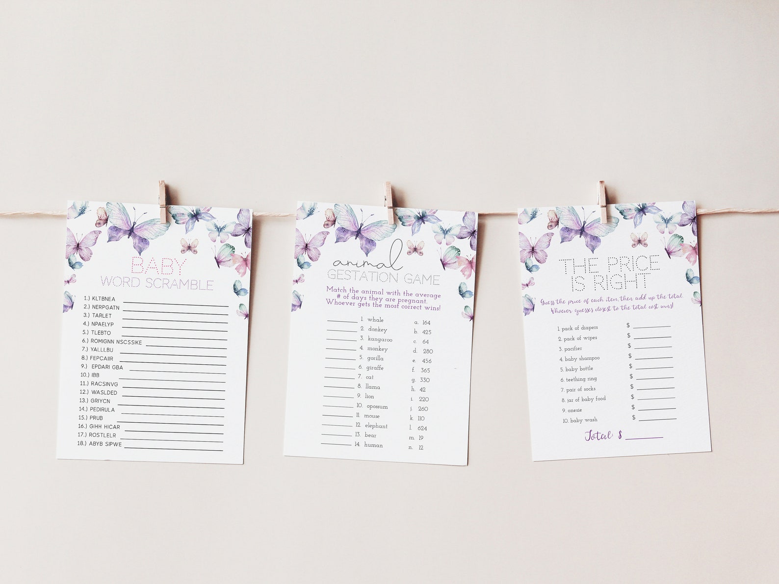 Butterfly Baby Shower Games, Baby Word Scramble, Animal Gestation Game ...