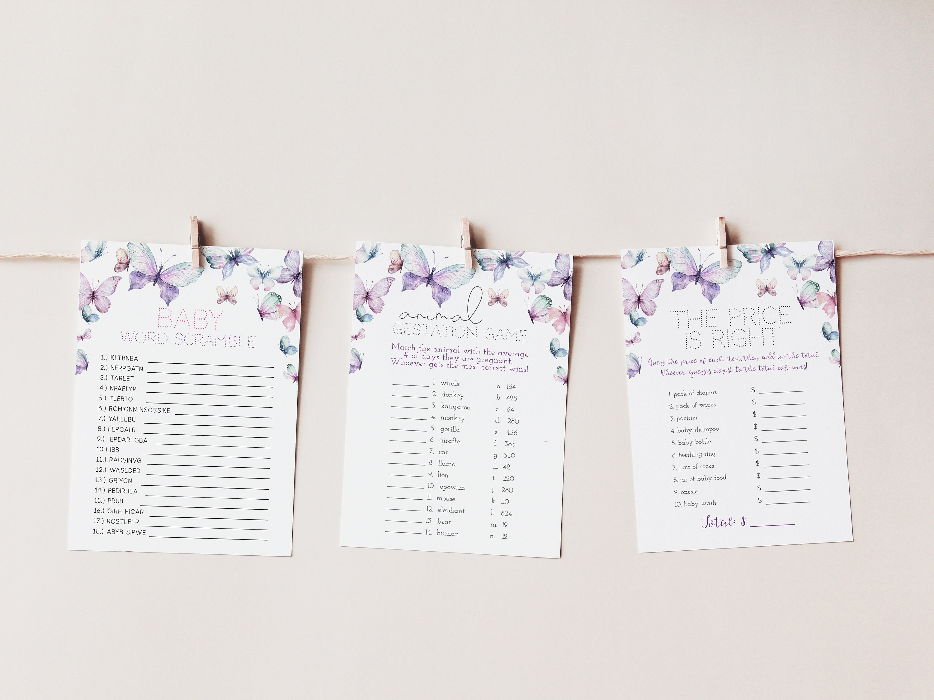 Butterfly Baby Shower Games, Baby Word Scramble, Animal Gestation Game ...
