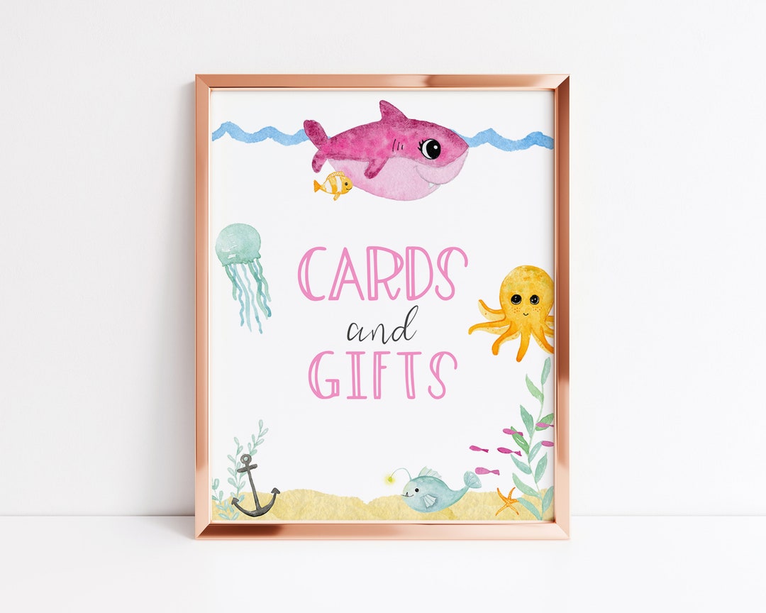 Pink Baby Shark Card and Gifts Sign, Baby Shark Birthday Decor, Custom ...