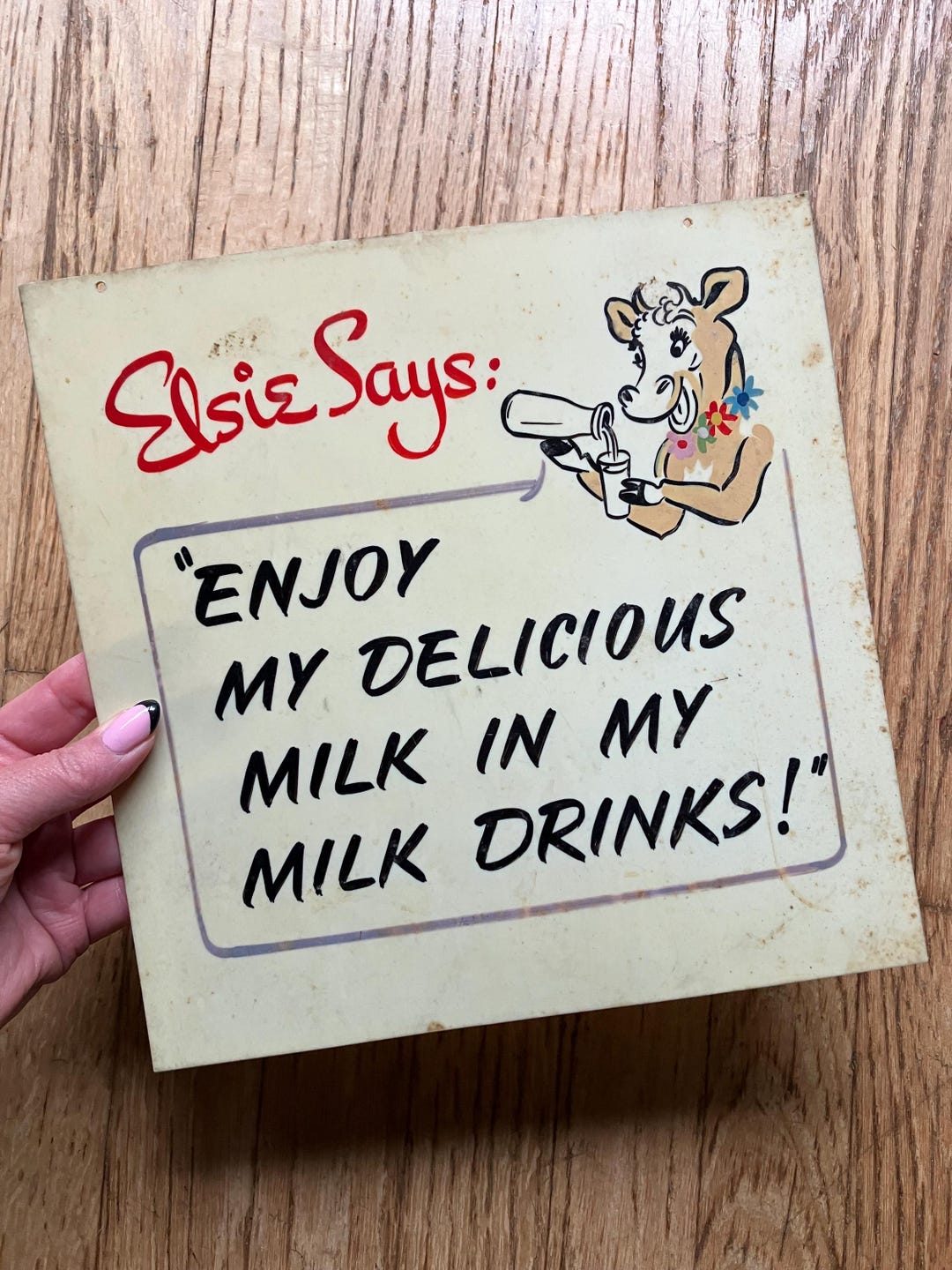 Vintage Deli Milk Sign Hand Painted 1950s Elsie the Cow Says: "enjoy My ...