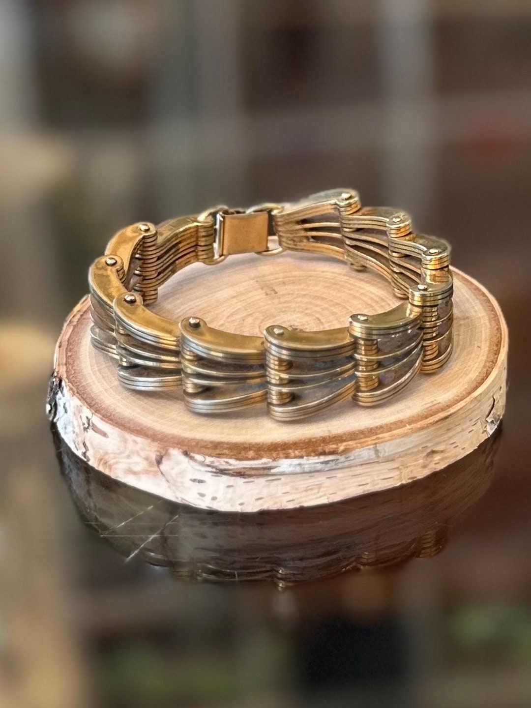 Vintage Mid Century Machine Age Chunky Roller Chain Gold Tone Bracelet ...