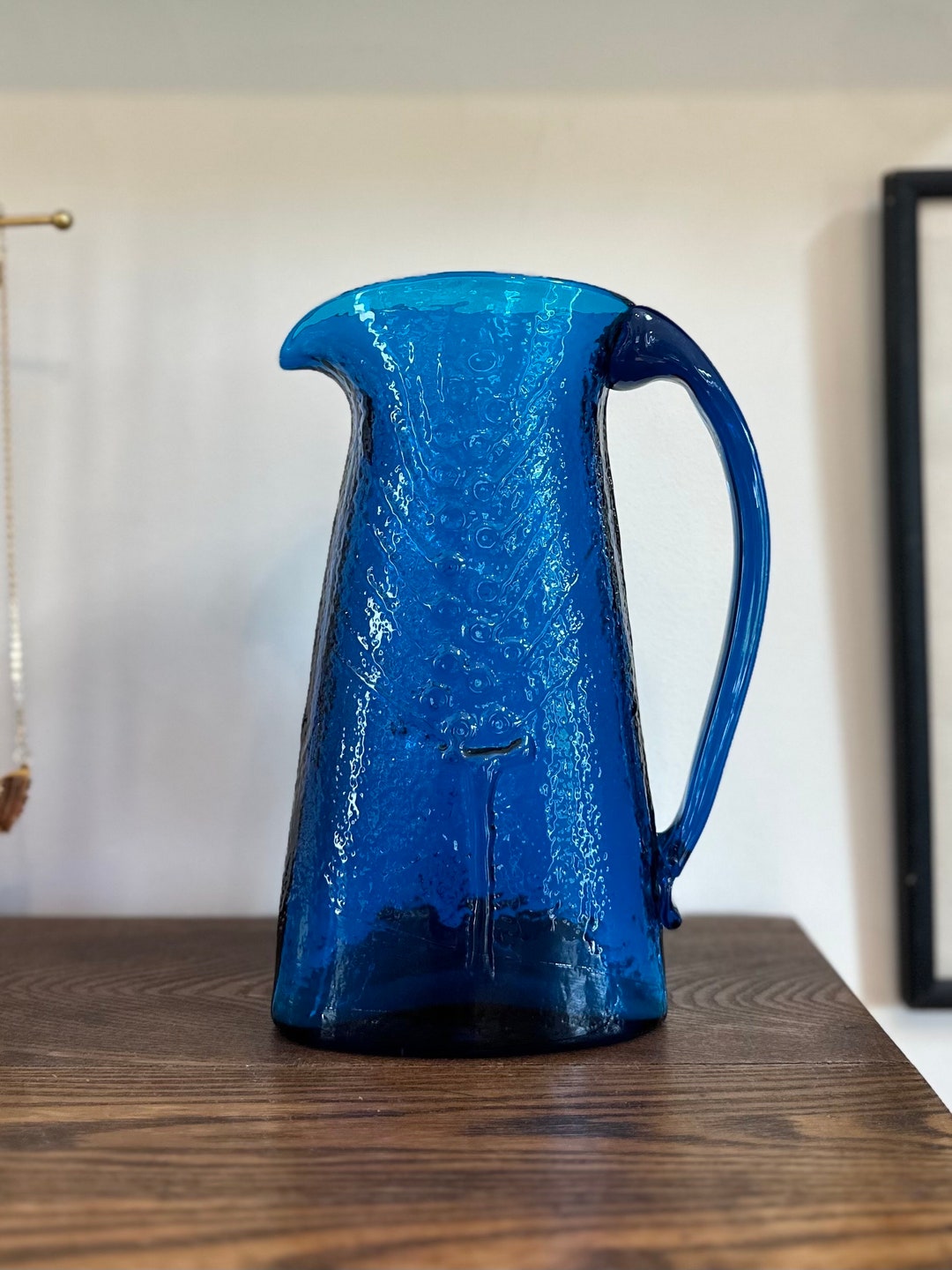 Vintage Handblown Textured Blue Glass Pitcher Embossed Wheat Design 9 ...