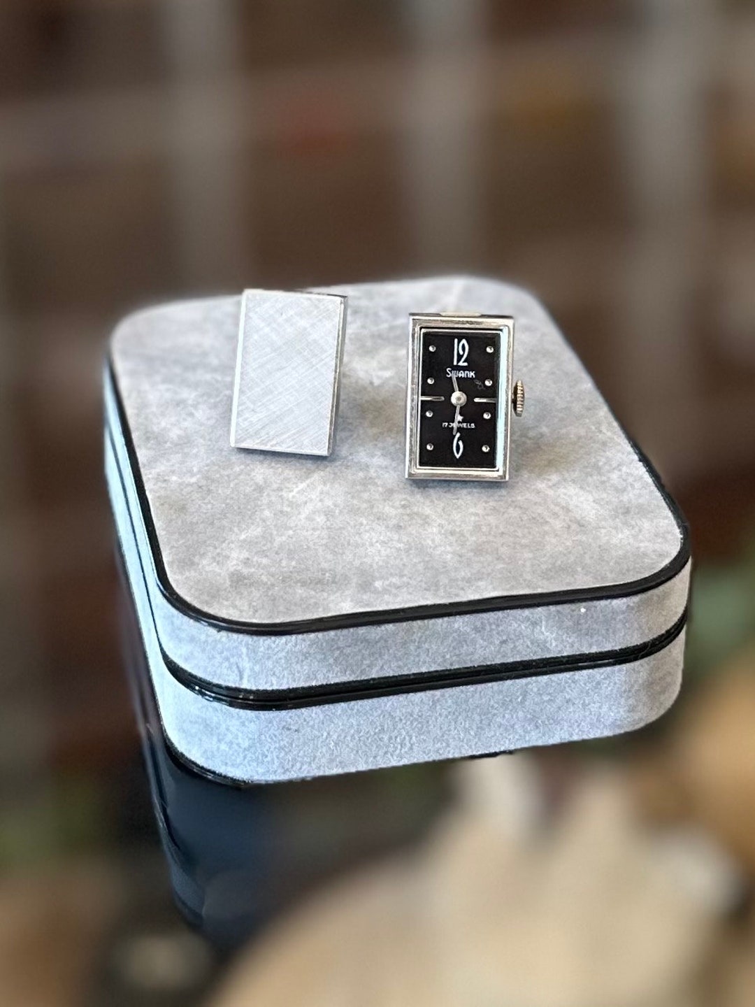 Vintage Signed SWANK 17 Jewels Watch Silver Tone Mens Cuff Links Bullet ...