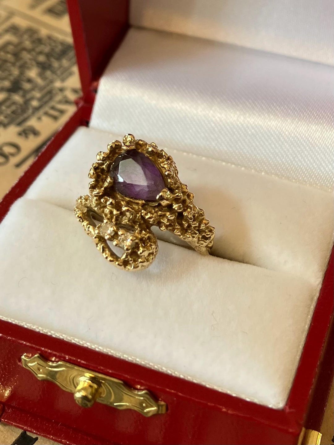 Vintage MCM Brutalist 14K Yellow Gold & Amethyst Diamond Ring Size 6.75 ...