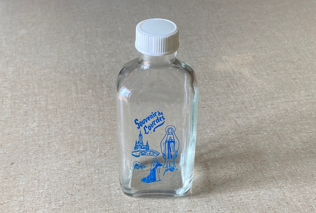 VINTAGE Souvenir De Lourdes Holy Water Clear Glass Bottle Blue ...