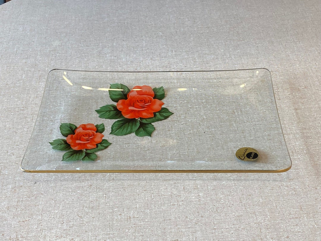 Vintage Clear Glass Roses Rectangle Plate by Chance Glass Made in ...