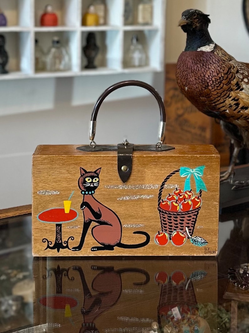 Vintage by SIMON Siamese Cat Apples Purse Hand Painted Wood Handbag ...