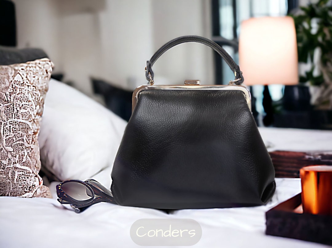 Genuine Leather Top Handle Bag With Snap Clasp Lock With Adjustable ...