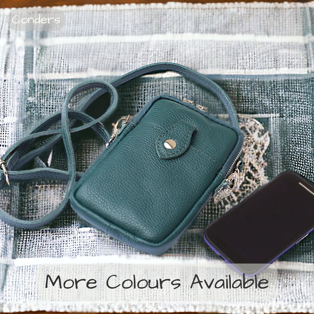 Teal Green Leather Crossbody Phone Bag, Mobile Phone Pouch, Leather ...