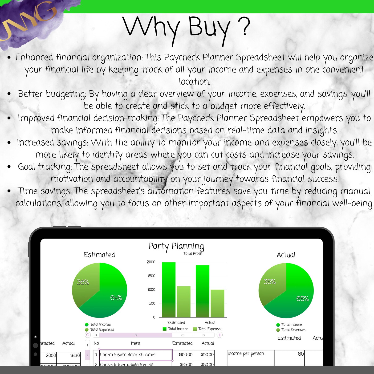 Party Planner Budget Spreadsheet Numbers Google Sheets Green - Etsy