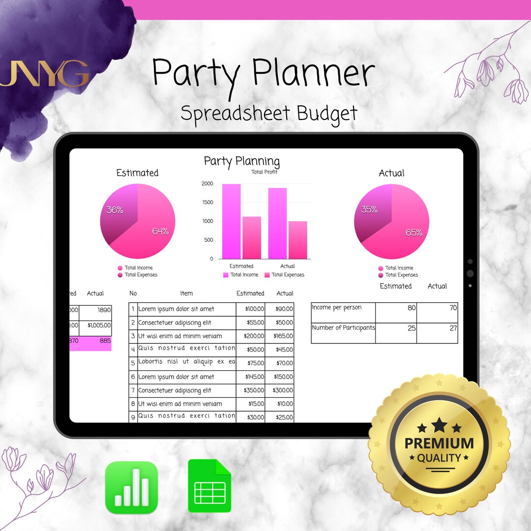 Party Planner Budget Spreadsheet Numbers Google Sheets Pink - Etsy