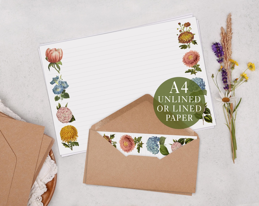 A4 Landscape Letter Writing Paper With Vintage Flower - Lined or ...