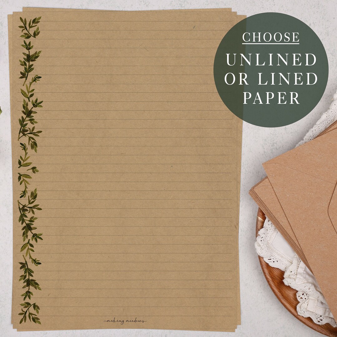 A4 Kraft Letter Writing Paper Sheets | Green Botanical Border | Lined ...