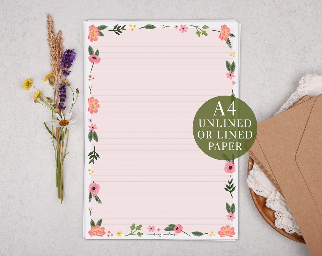 A4 Letter Writing Paper With Pink Floral Flowers - Lined or Unlined ...