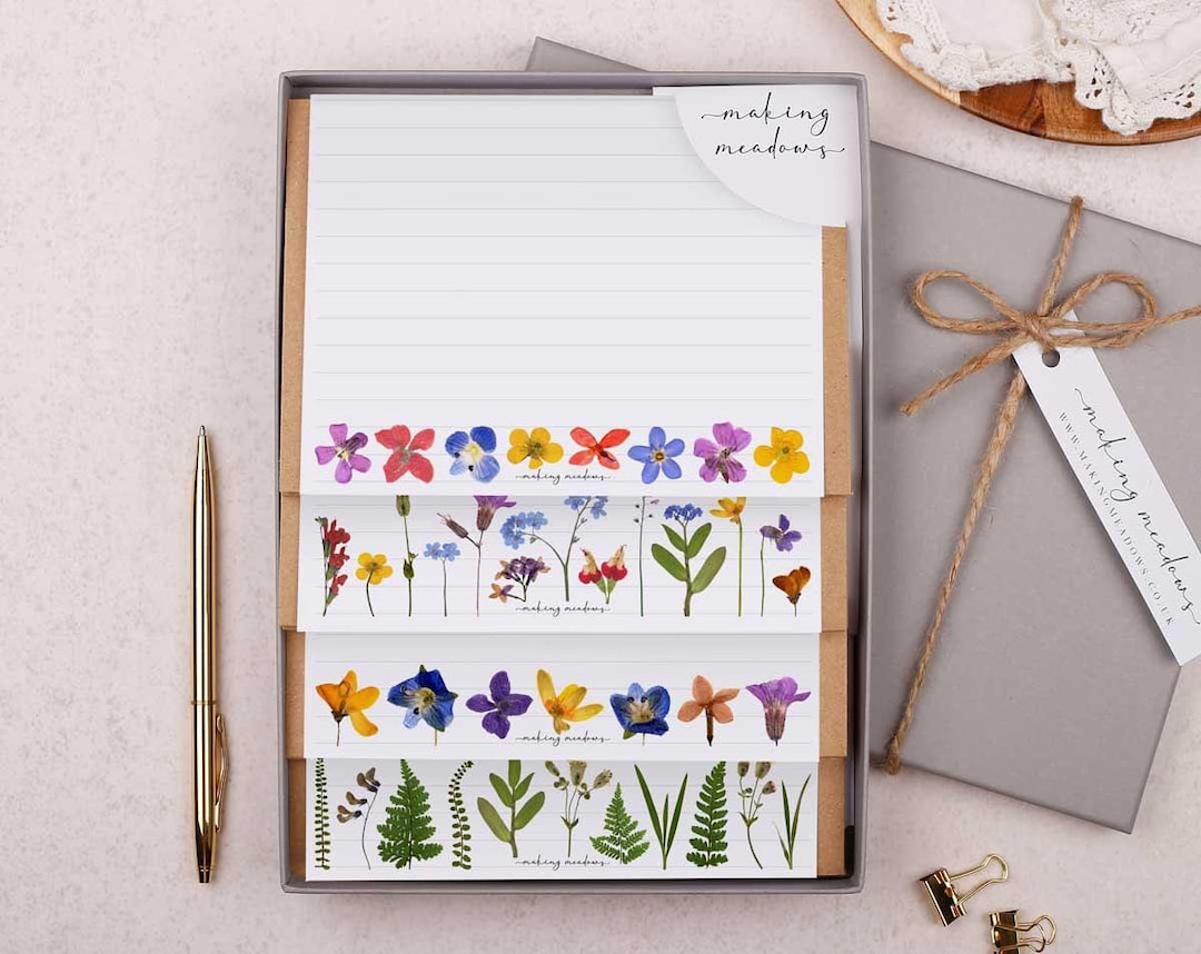 A5 Letter Writing Paper Pressed Flower Design, Kraft Envelopes - Lined ...