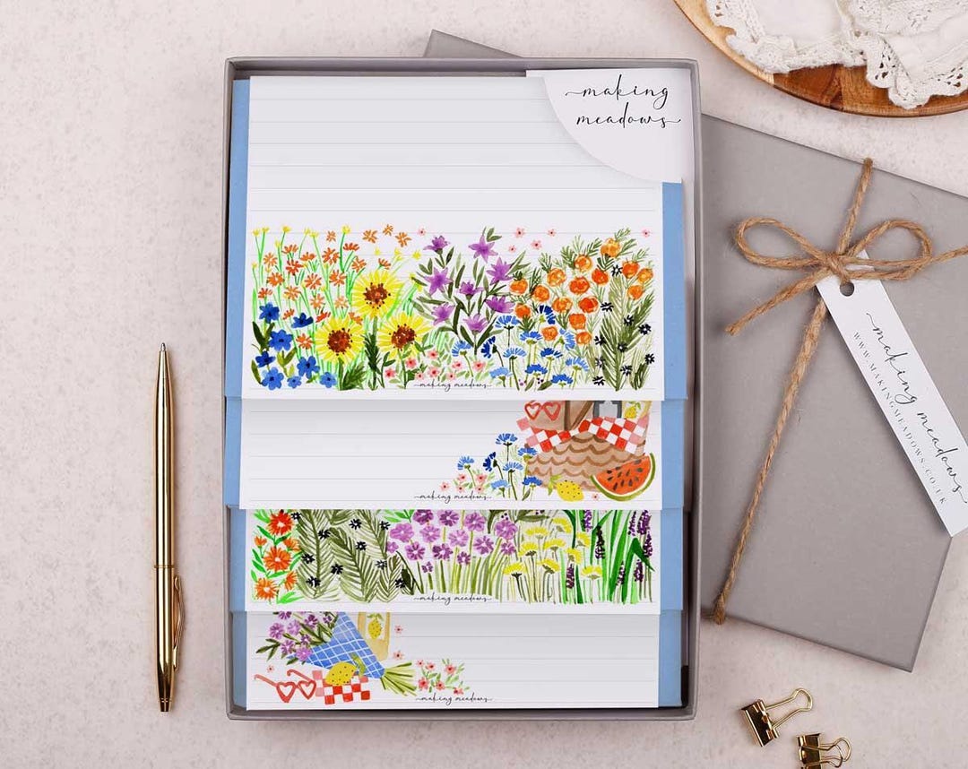 A5 Letter Writing Paper Watercolour Garden Design, Blue Envelopes ...