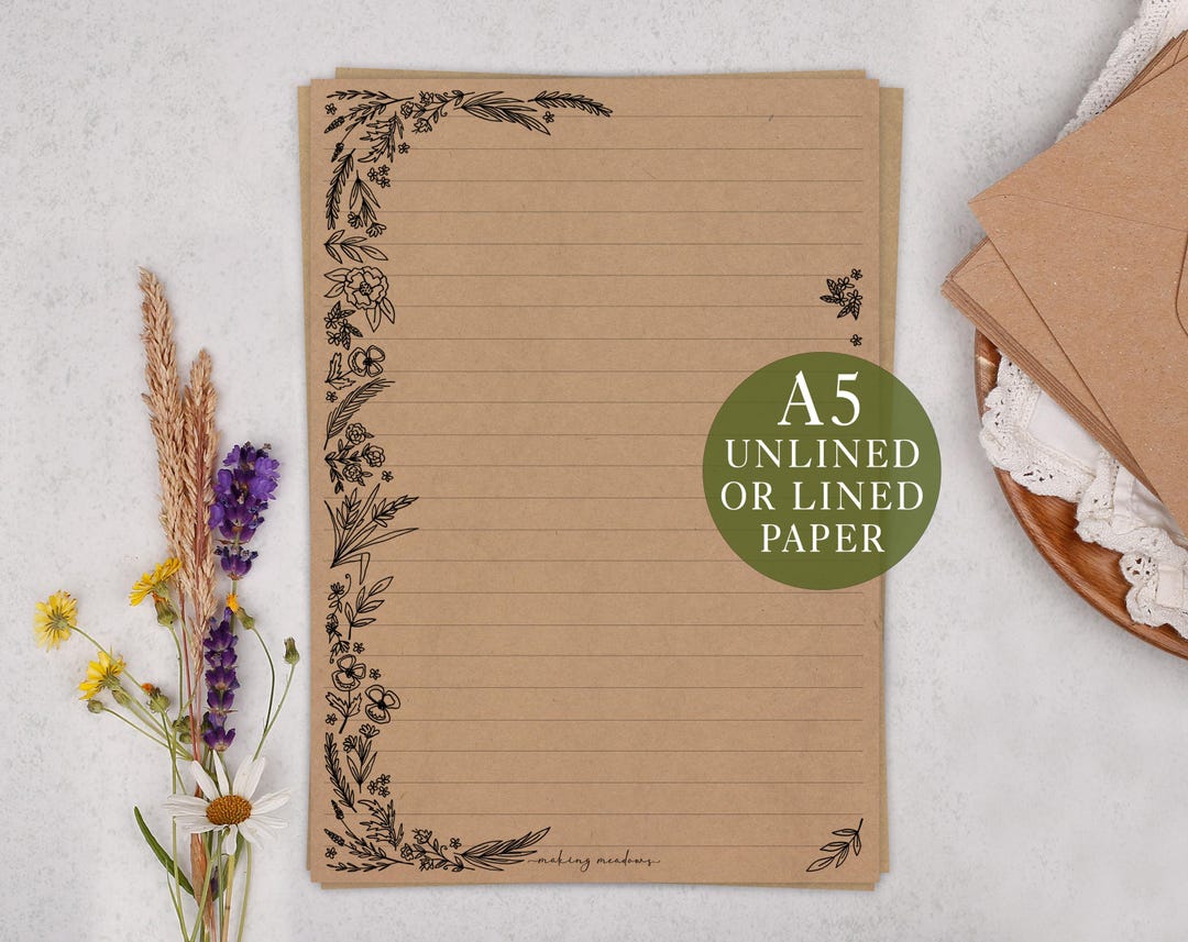 A5 Kraft Letter Writing Paper With Floral Border - Lined or Unlined ...