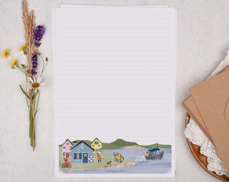 A4 Letter Writing Paper With Costal Village - Lined or Unlined ...