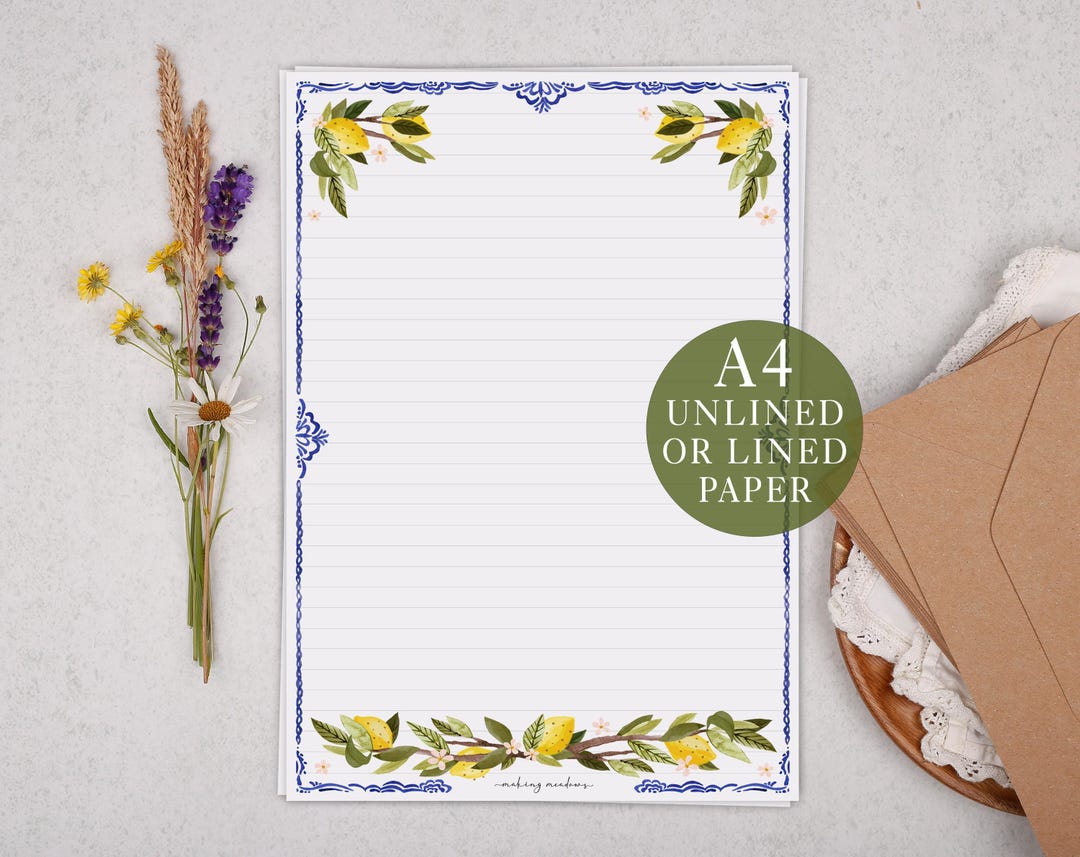 A4 Letter Writing Paper With Botanical Lemons - Lined or Unlined ...