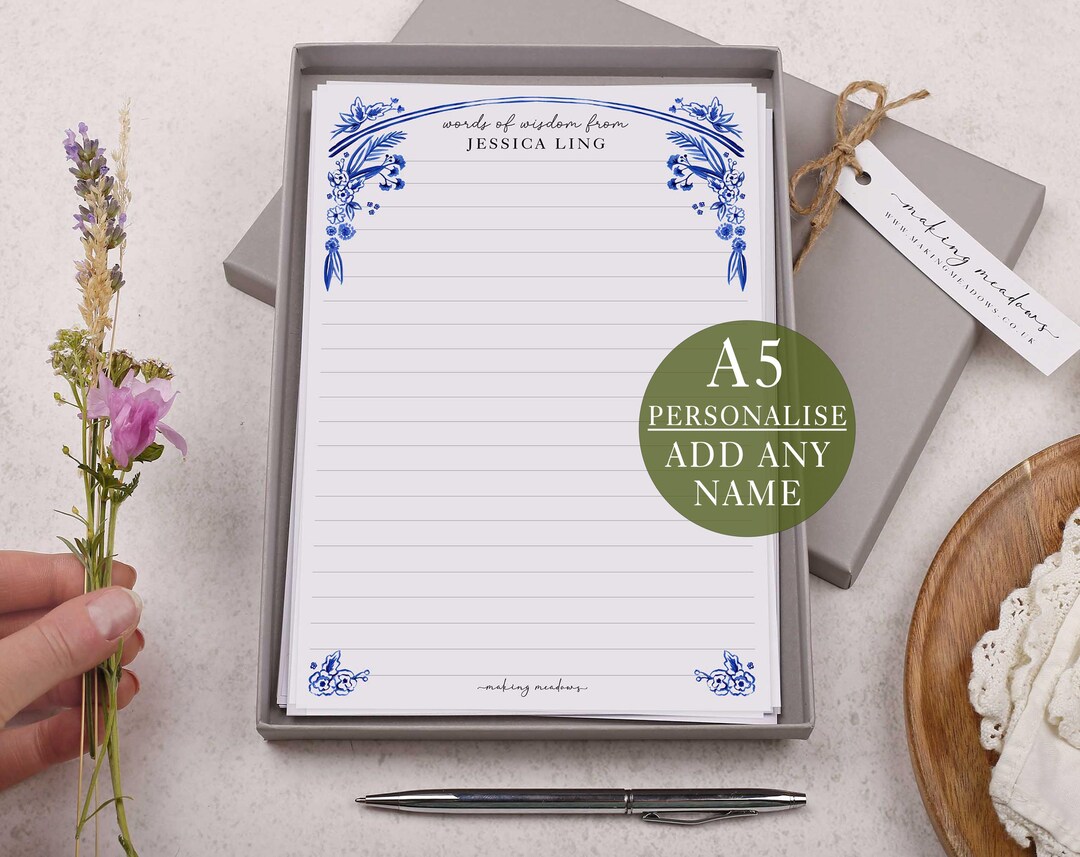A5 Personalised Letter Writing Paper With Blue Floral - Lined or ...