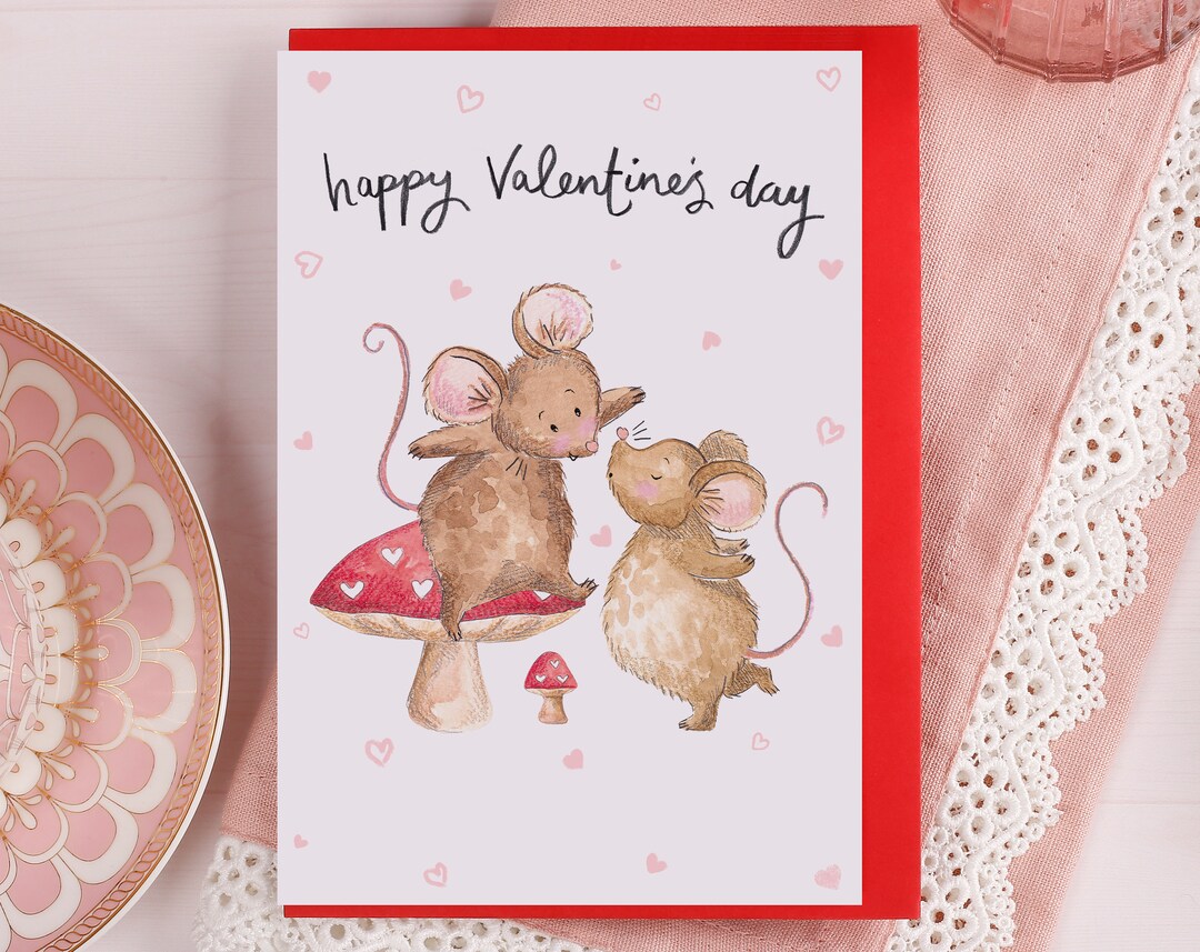 Mouse on Mushroom Valentine Card for Him or Her Cute Mice Kissing ...