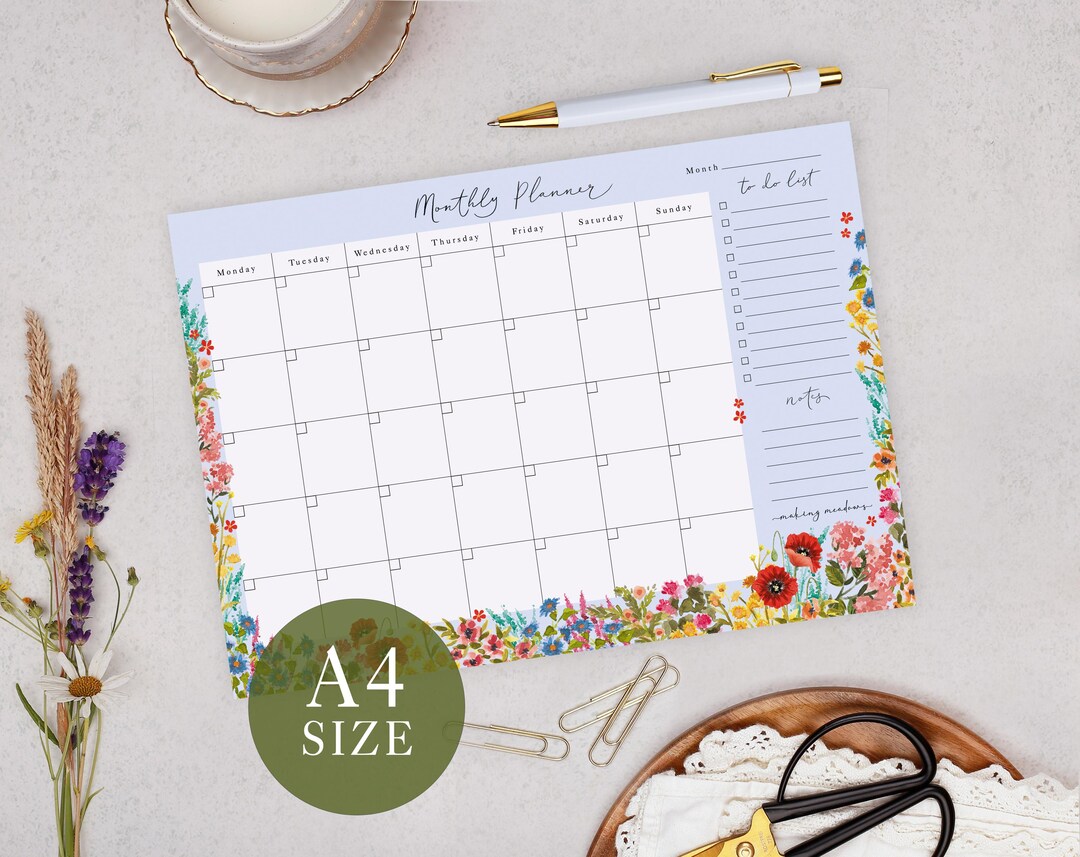Monthly Planner Pad With Blue Floral Design - Office Desk Scheduling ...