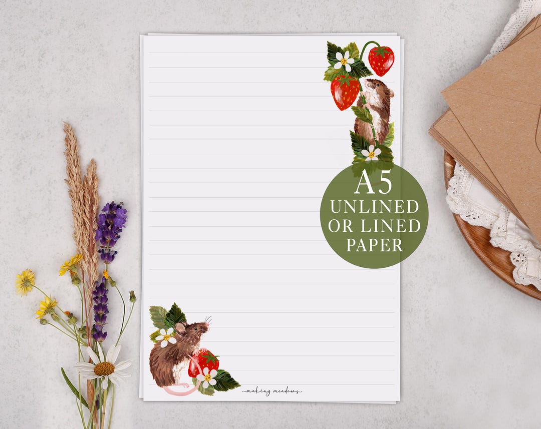 A5 Letter Writing Paper With Strawberry Mouse - Lined or Unlined ...