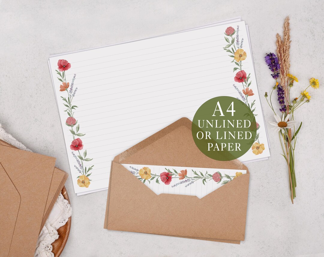 A4 Landscape Letter Writing Paper With Watercolour Flowers - Lined or ...