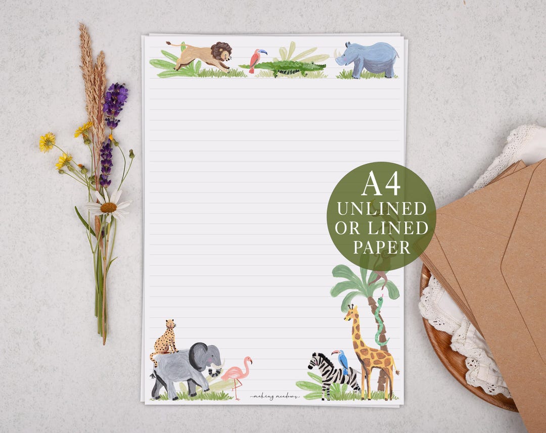 A4 Letter Writing Paper With Safari Animals - Lined or Unlined ...