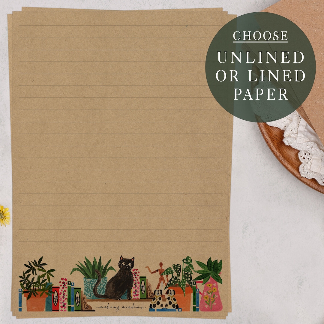 A5 Kraft Letter Writing Paper With Cat & Books - Lined or Unlined ...