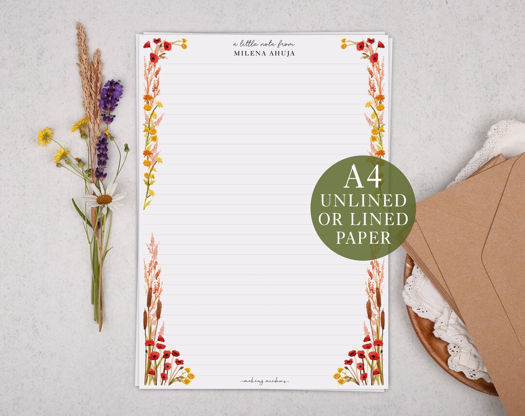 A4 Personalised Letter Writing Paper With Floral Poppy & Reed - Lined ...