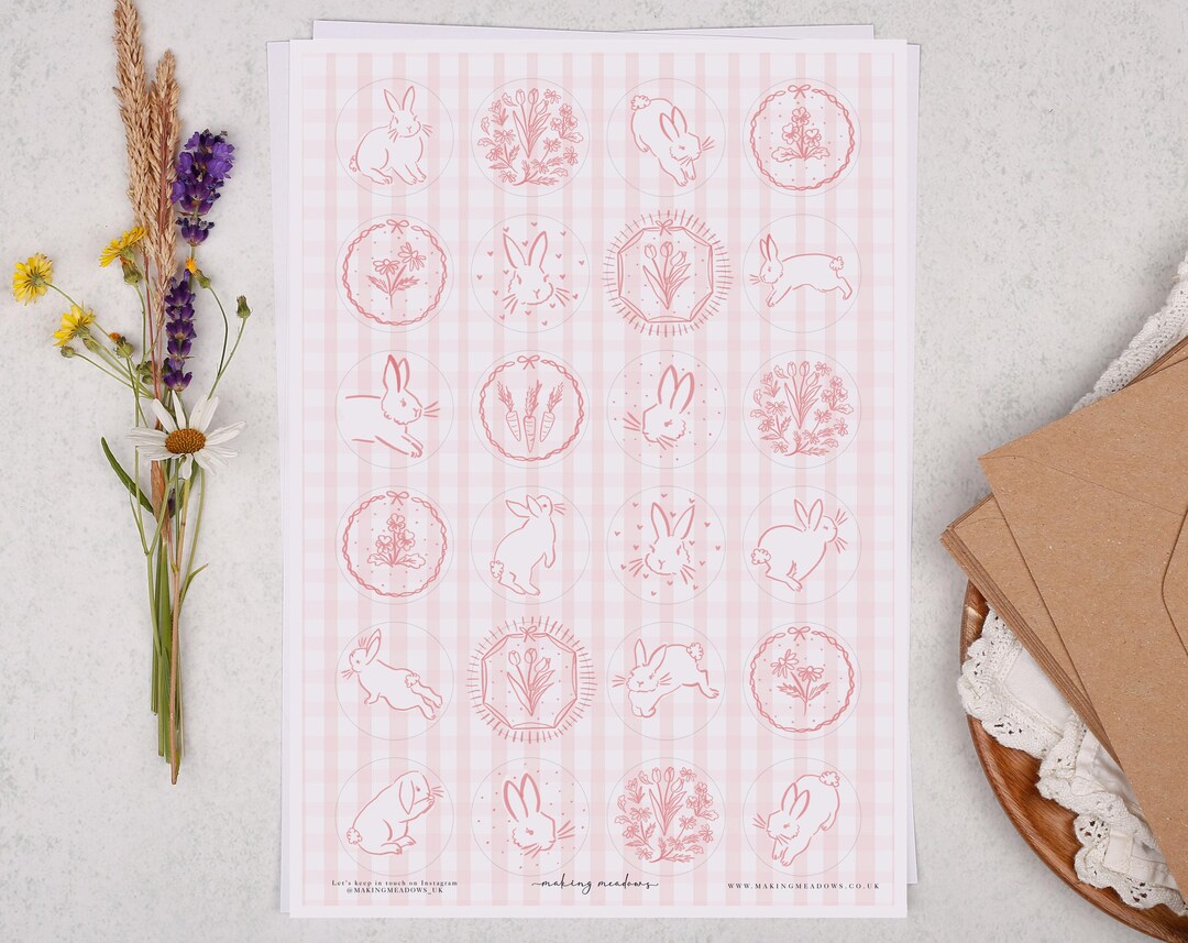 Pink Rabbit Sticker Sheet - Stationery for Envelope Seals, Letter ...