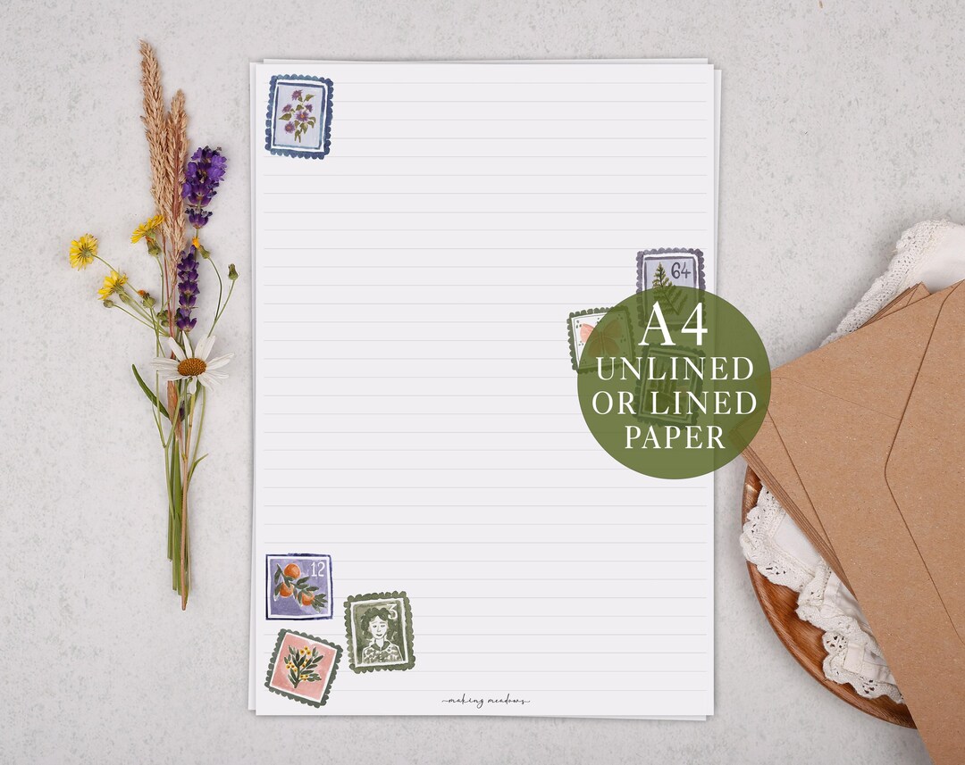 A4 Letter Writing Paper With Floral Postage Stamps - Lined or Unlined ...