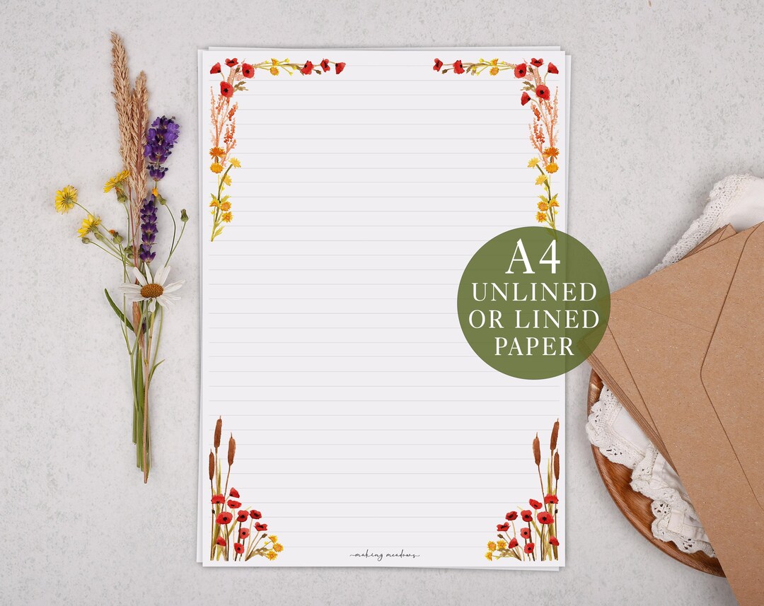 A4 Letter Writing Paper With Poppy Flower Border - Lined or Unlined ...