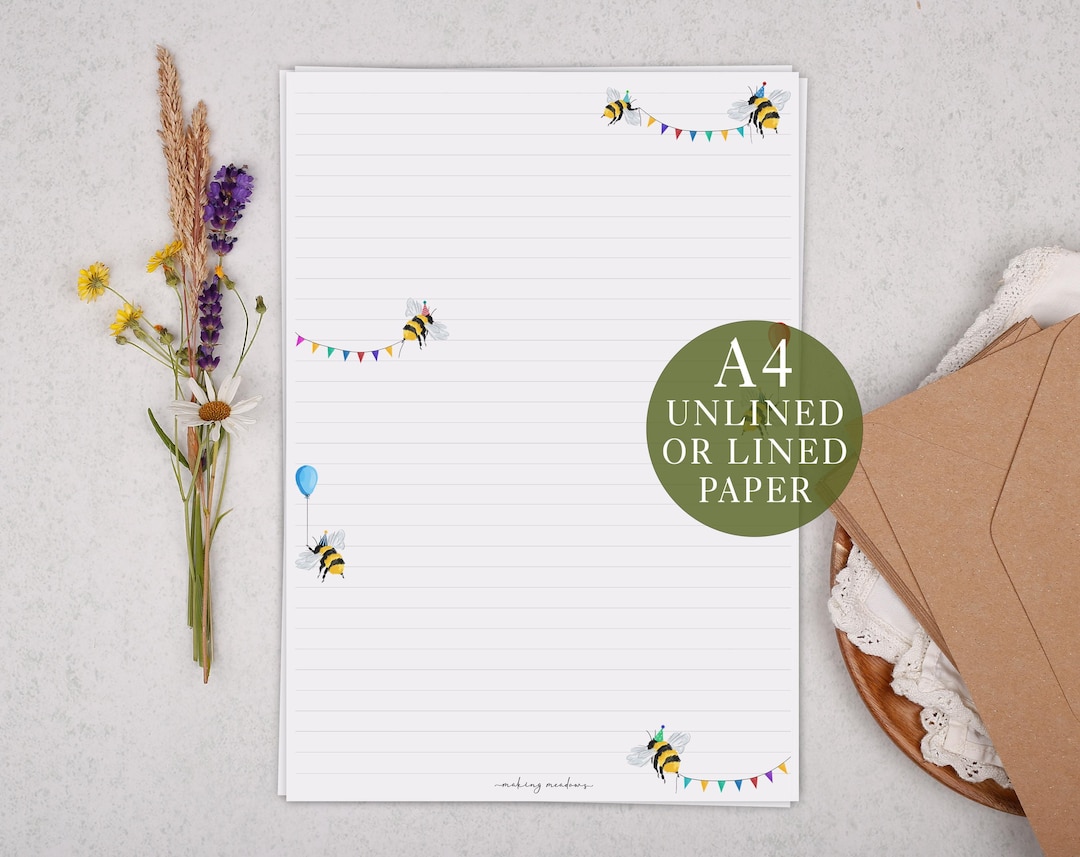 A4 Letter Writing Paper With Bumble Bee - Lined or Unlined Stationery ...