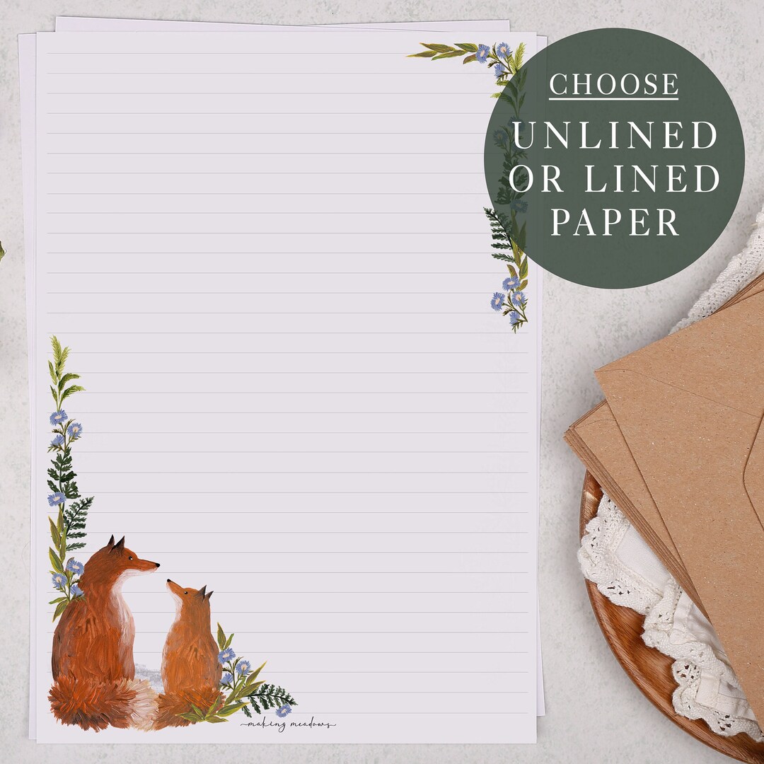 A4 Letter Writing Paper Sheets | Foxes and Meadow Florals | Lined or ...