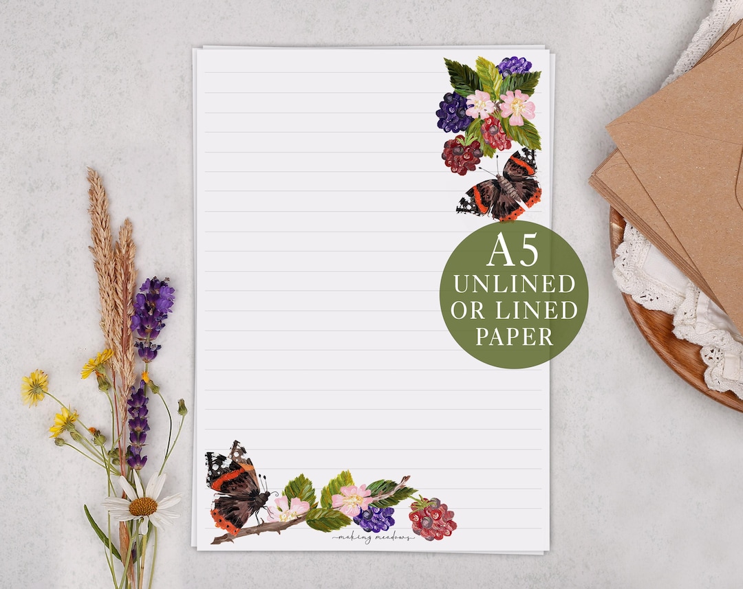 A5 Letter Writing Paper With Butterfly Border - Lined or Unlined ...
