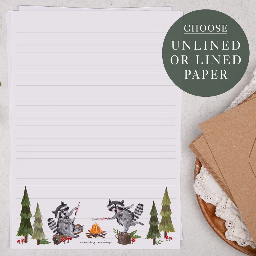 A4 Letter Writing Paper Sheets | Raccoons Camping in the Forest | Lined ...