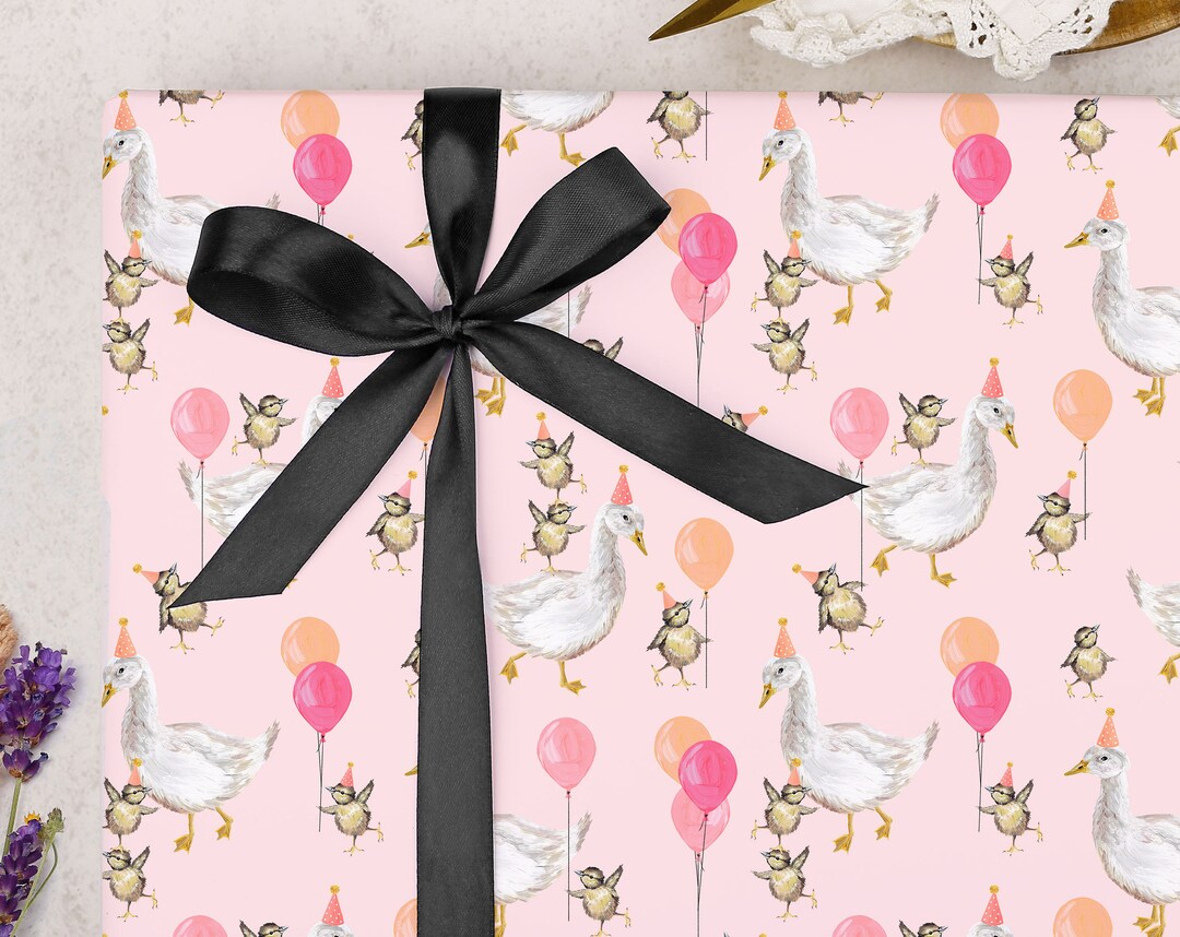 Birthday Wrapping Paper | Cute Pink Duck, Goose & Baby Chick Gift Wrap ...