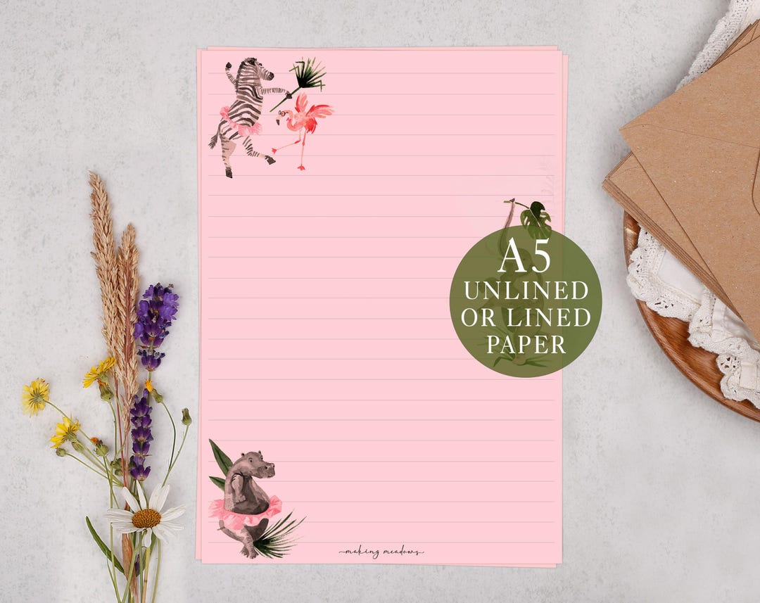 A5 Pink Letter Writing Paper With Safari Animals - Lined or Unlined ...