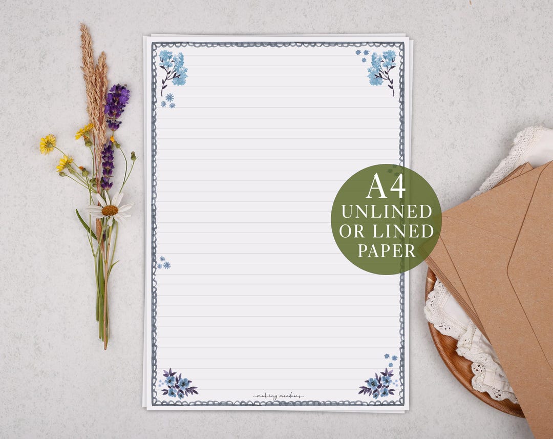 A4 Letter Writing Paper With Blue Floral Flowers - Lined or Unlined ...