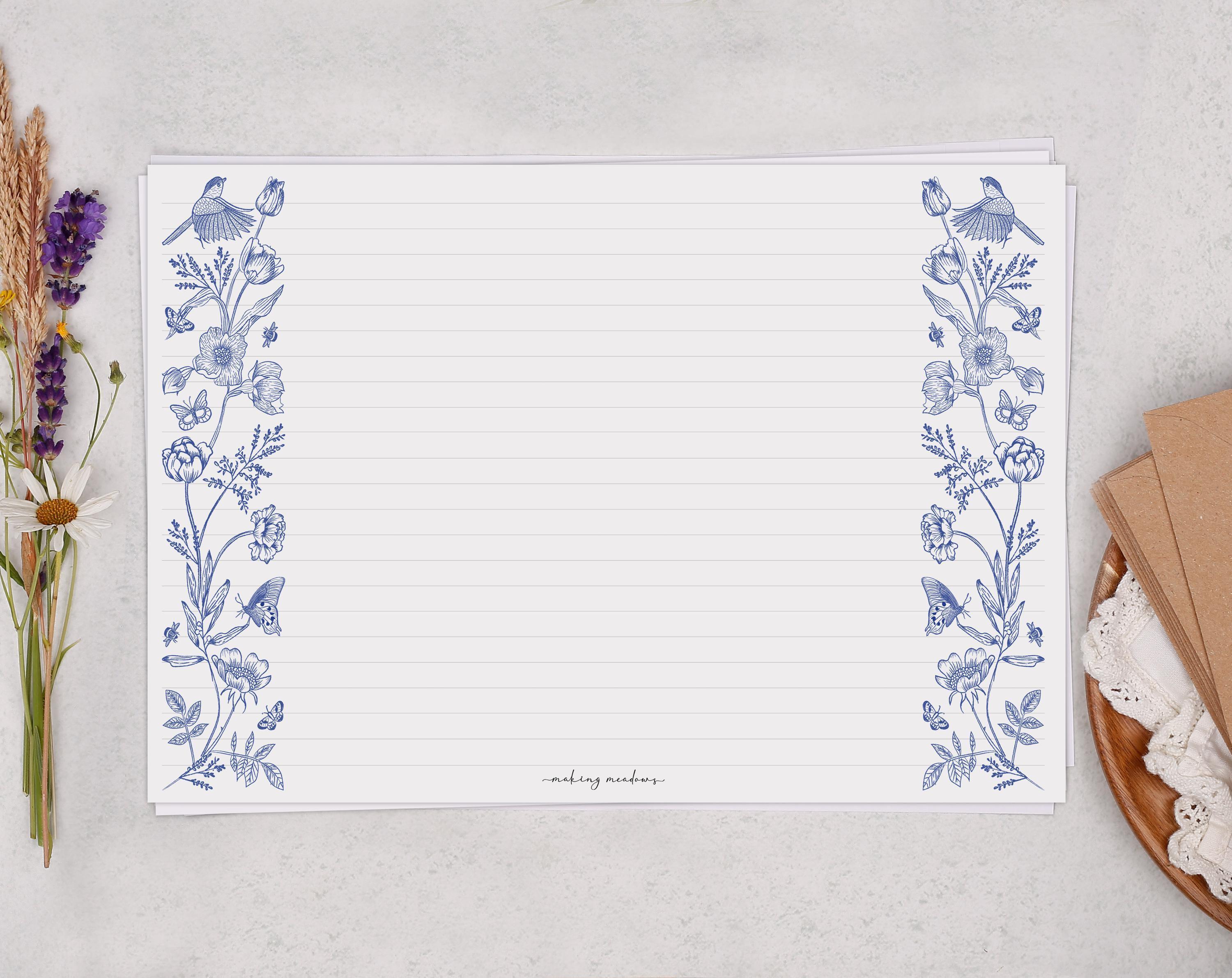A4 Landscape Letter Writing Paper With Blue Flower & Birds - Lined or ...