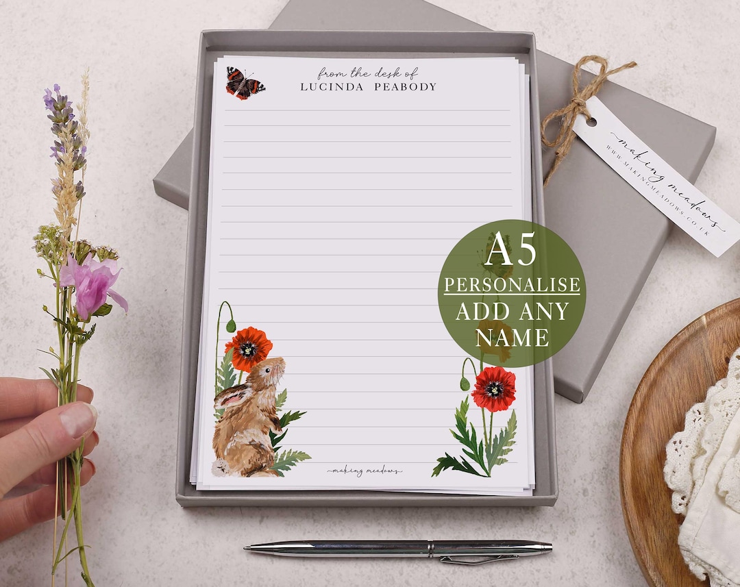 A5 Personalised Letter Writing Paper Box With Rabbit - Lined or Unlined ...