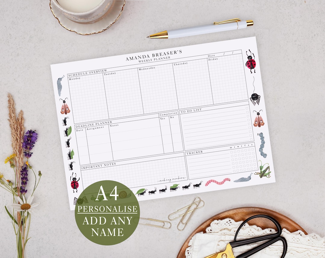 Personalised Weekly Planner Pad With Insect Bug Design - Office Desk ...