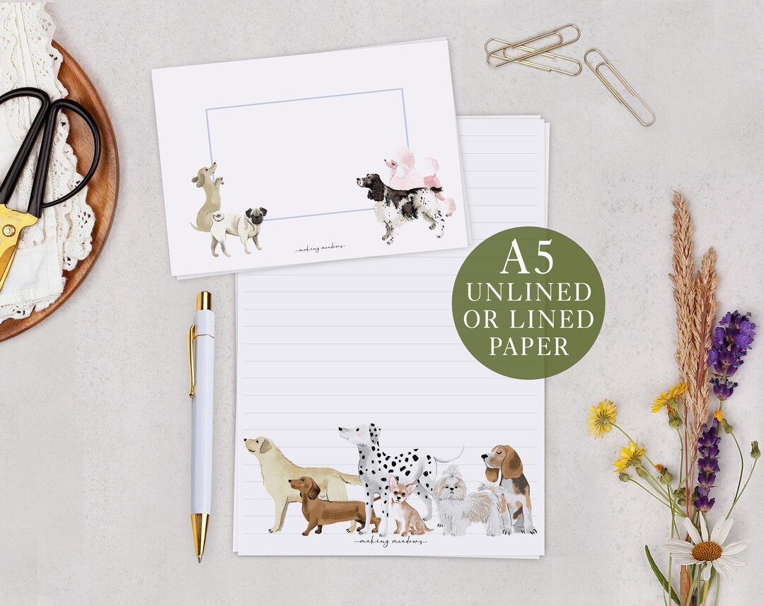 A5 Letter Writing Paper & Matching Envelopes in Blue Dog - Lined or ...