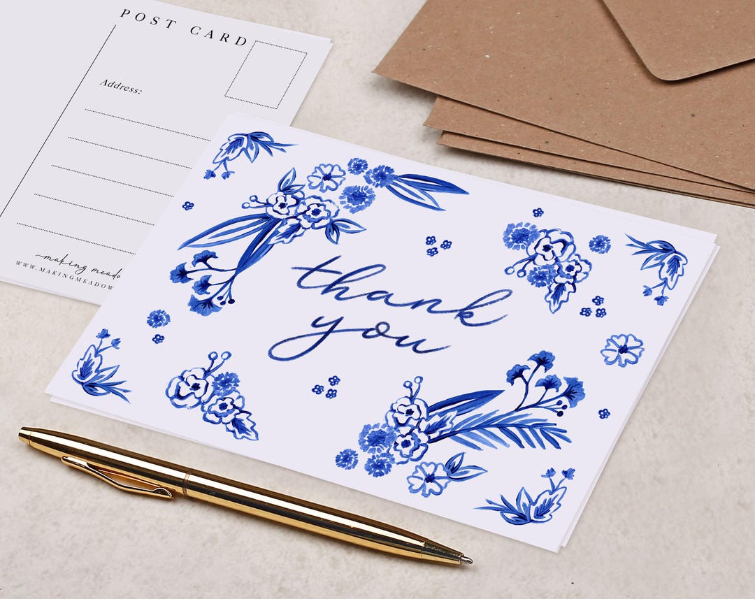 Blue Floral Thank You Postcard Pack - Wedding or Party Thanks Gift Note ...