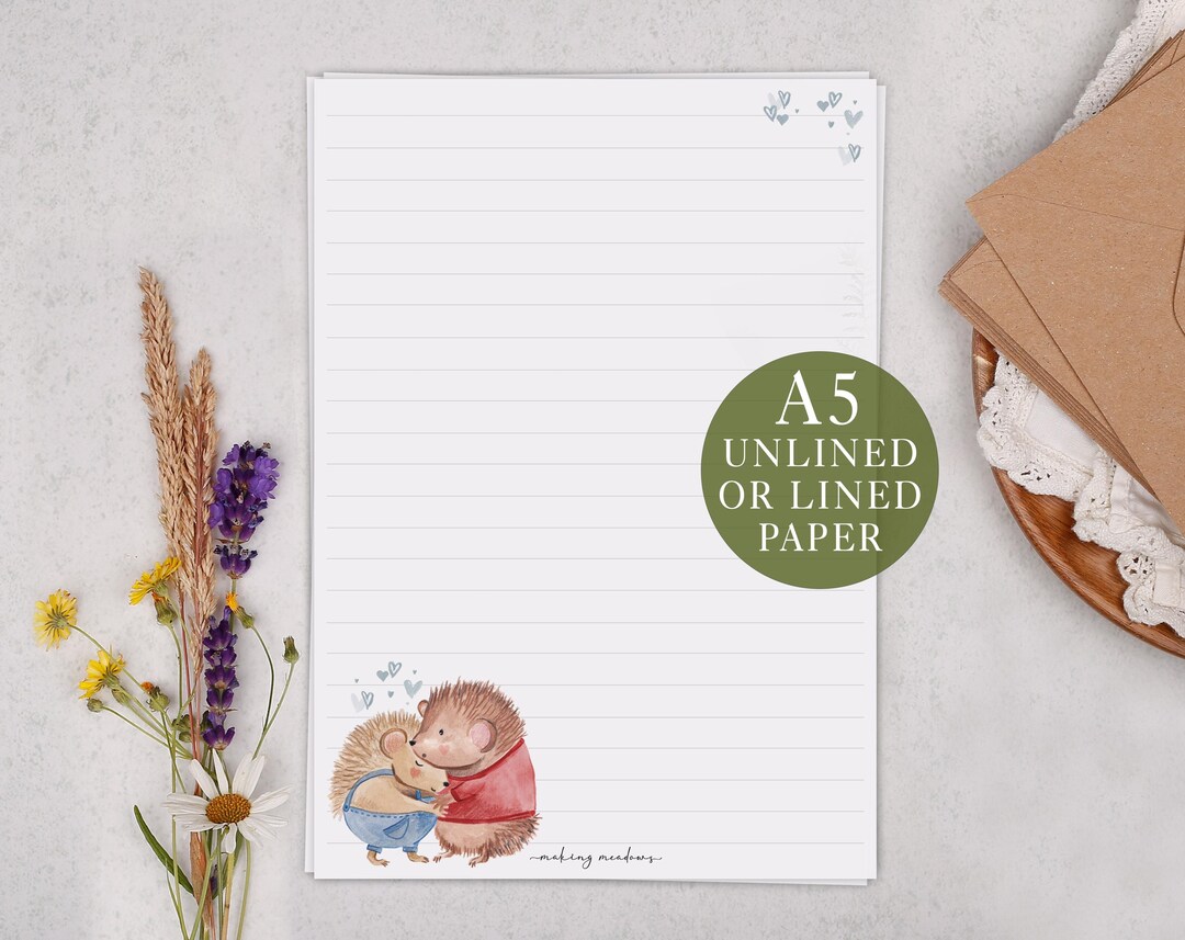 A5 Letter Writing Paper With Hedgehog Hug - Lined or Unlined Stationery ...